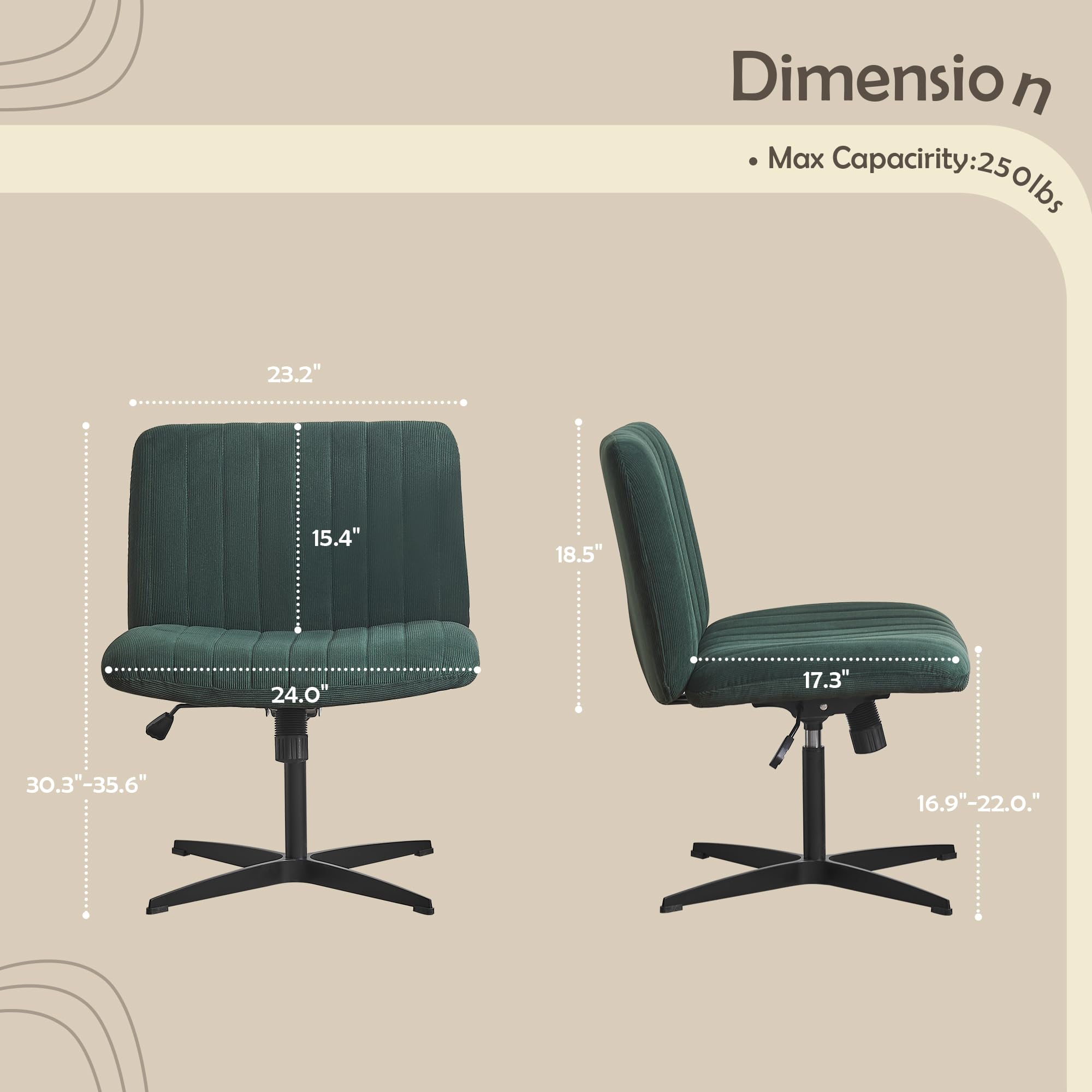 HOOLETE Criss Cross Legged Office Chair no Wheels Upholstered Wide Seat Armless Desk Chair Height Adjustable Swivel Computer Chair for Home Office, Bedroom, Makeup, Dark Green