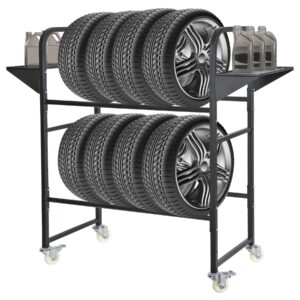 neorexon tire storage rack 44" x 44" x 18", rolling tire rack adjustable, tire rack for garage black w/4 swivel casters & 2 storage shelf for garage storage