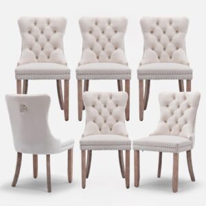 soartalent velvet upholstered dining chairs set of 6, modern style kitchen side chairs with nailhead trim and wood legs,metal pulling ring for dining room living room(beige,set of 6)