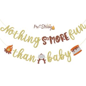 firefairy camping themed baby shower banner, pre-strung nothing s’more fun than a baby banner, s'mores birthday banner for baby, happy camper baby shower decorations, gold ＆ brown glitter