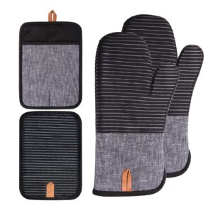 4pcs tiptap oven mitts, kitchen oven mitts set, non slip cotton oven mitt and pot holders,heat resistant, machine washable,2 long mit and 2 pot holder(black)