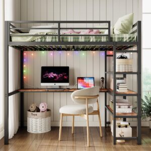 ANCTOR Loft Bed Twin Size with L Shaped Desk and Shelves, Heavy Duty Metal Loft Bed Frame with Power Outlet and LED Lighted, Space-Saving, Noise Free， Brown