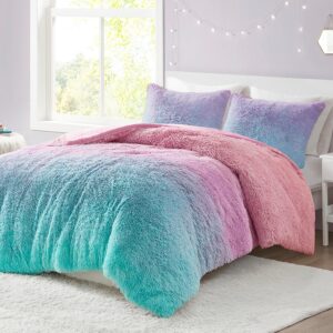 mi zone soft faux fur duvet cover set for girls bedroom decor, trendy vibrant ombre color, warm bed cover, cozy comfort fluffy bedding with matching sham, full/queen, purple multi 3 piece