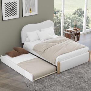 homsof full size upholstered platform bed with wood supporting feet and twin size trundle, white