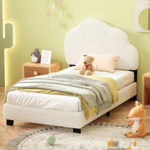 merax twin size upholstered platform bed frame boucle fabric with cloud-shaped headboard for boys and girls,white