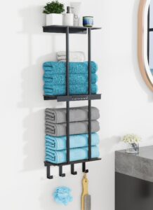 bathroom towel rack with shelf, new upgrade 3 tier towel storage rack for bathroom wall mounted with 4 hooks, wall towel holder for rolled towels, towel shelf for small bathroom, matte black