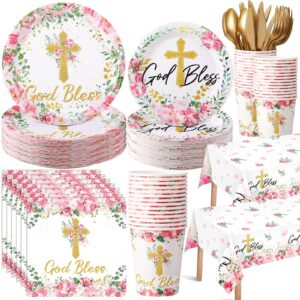 yungyan 194 pcs baptism plates and napkins tablecloth cups baptism decorations cross disposable holy communion set for wedding newborn religious first holy communion party supplies