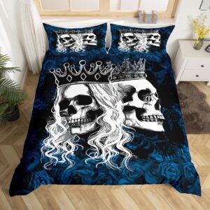 manfei gothic skull duvet cover set king size, skeleton couple comforter cover with 2 pillowcases, blue rose flower bedding set 3pcs for kids boys girls adults room decor lightweight bedspread cover