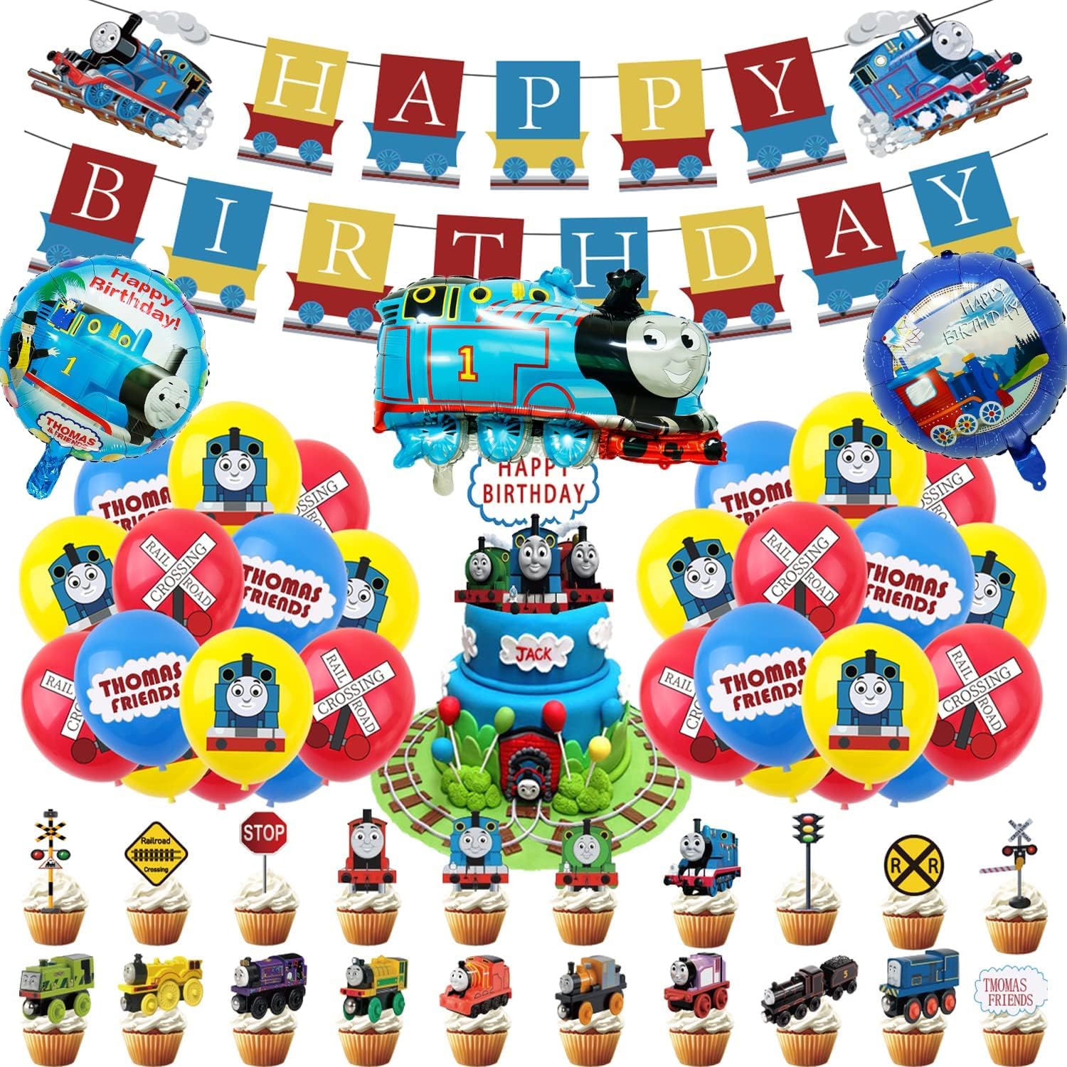 HANJIEJIE Thomas Train birthday party supplies,Thomas Train party including cake caps, cupcake caps, flags, Latex Balloons, It is very suitable for boy's and girl themed birthday party supplies.