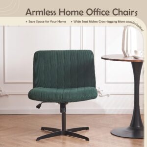 HOOLETE Criss Cross Legged Office Chair no Wheels Upholstered Wide Seat Armless Desk Chair Height Adjustable Swivel Computer Chair for Home Office, Bedroom, Makeup, Dark Green