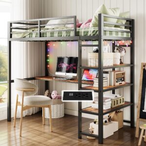 anctor loft bed twin size with l shaped desk and shelves, heavy duty metal loft bed frame with power outlet and led lighted, space-saving, noise free， brown