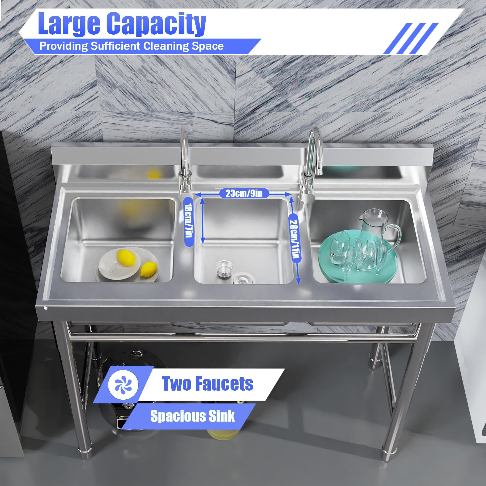 YIYIONCE 3 Compartment Sink 304 Stainless Steel Kitchen Sink Freestanding Utility Sink with 2 Hot & Cold Faucet Commercial Triple Bowl Sink for Bar, Restaurant Each Sink 11"L x 9"W x 7"H| US STOCK