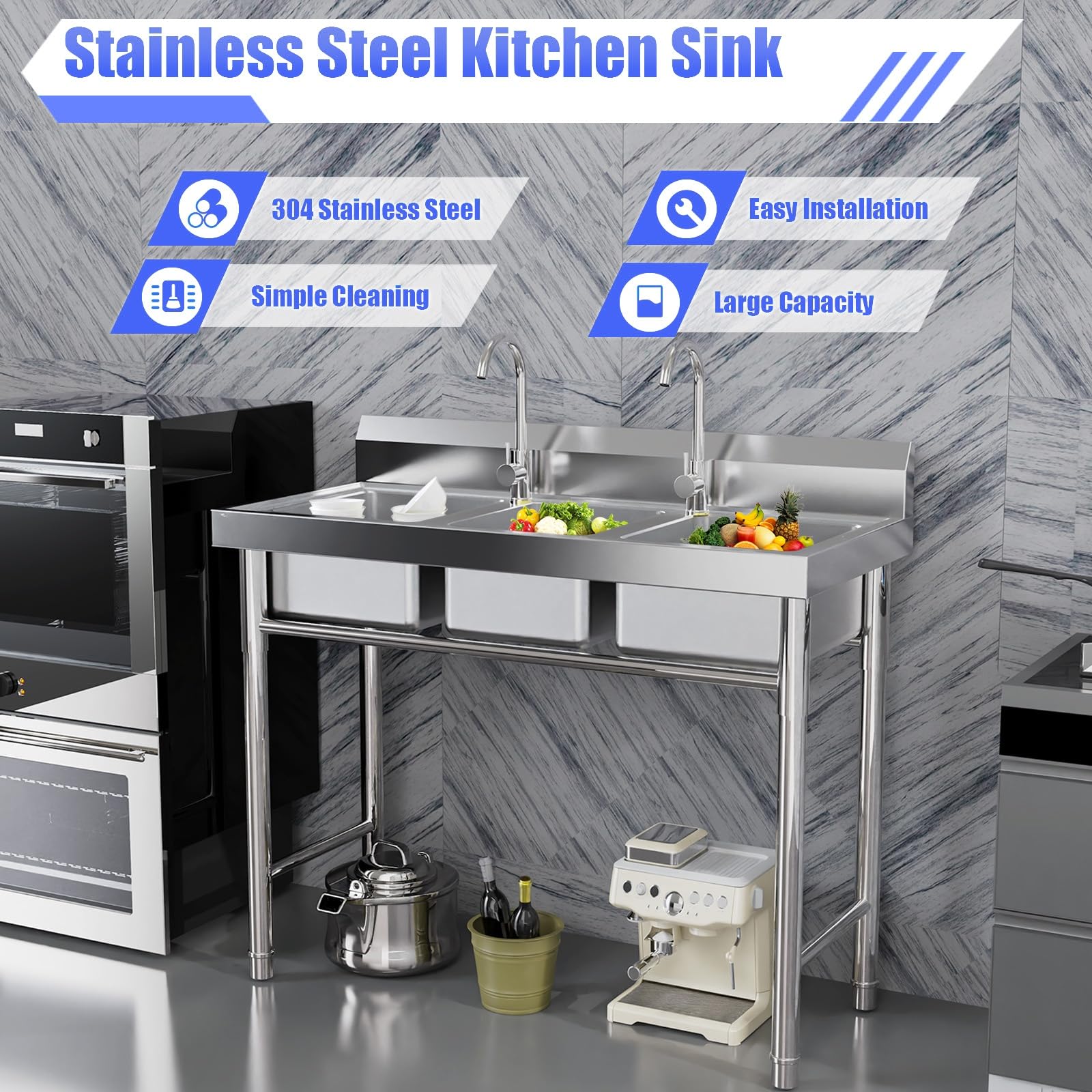 YIYIONCE 3 Compartment Sink 304 Stainless Steel Kitchen Sink Freestanding Utility Sink with 2 Hot & Cold Faucet Commercial Triple Bowl Sink for Bar, Restaurant Each Sink 11"L x 9"W x 7"H| US STOCK