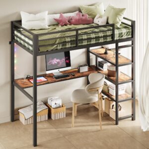 ANCTOR Loft Bed Twin Size with L Shaped Desk and Shelves, Heavy Duty Metal Loft Bed Frame with Power Outlet and LED Lighted, Space-Saving, Noise Free， Brown