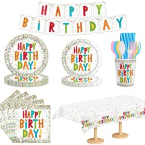 teefity 170 pcs confetti birthday party tableware set, party table colorful supplies include disposable paper plates, napkins, cups, straws, tablecloth, banner and forks spoons for 24 guests