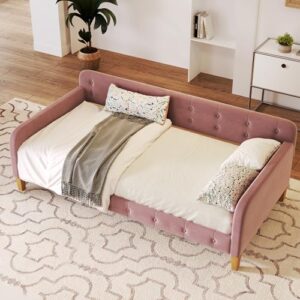 rorigat twin size velvet upholstered dayed with button tufted design and 4 wood support legs,twin day bed frame,easy to assemble,pink