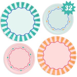 xo, fetti italian summer paper plates - 32 pk, 16 9" plates + 16 7" plates | bachelorette party decorations, last toast coast, birthday party supplies, flower baby shower, stripe cake plates