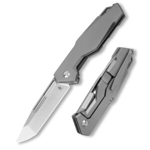 kizer beyond pocket knife, 3.35"" s35vn steel blade titanium handle utility knife with deep carry pocket clip for camping hiking hunting, ki3678a1, grey