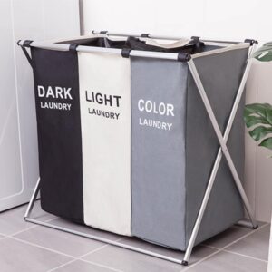 thabatad laundry basket, 3 section laundry hamper printed dark light color, foldable laundry sorter basket bin w/aluminum frame, waterproof clothes hamper for bathroom, bedroom, dorm, multicolored