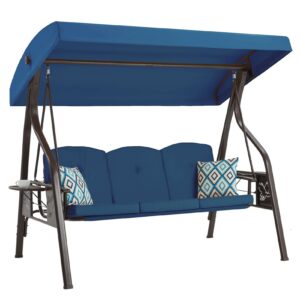 zzw 3-seat outdoor porch swing with stand, patio swing with canopy, 2 in 1 porch swing bed & patio swing chair for adult, yard swing w/extra pillows and cup holder (blue)