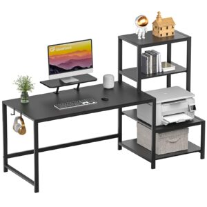 greenforest computer desk with storage printer shelf,67 inch reversible home office desk large study writing table with movable monitor stand and 2 headphone hooks for pc gaming working, black