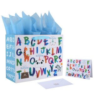 13" large white gift bag set with greeting card and tissue papers (alphabet design) for boys’, girls', or kids' party, baby showers, baby girl, baby boy, newborn, new moms or parents - 10.2” x 5.2” x 13”, 1 pcs.