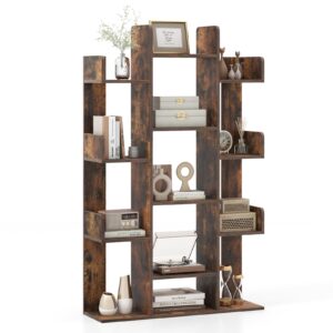 giantex 7-cube tree bookshelf, 55.5" wooden bookcase with 13 open shelves, tall corner books storage organizer, freestanding decorative display cube shelf for living room, study (rustic brown)