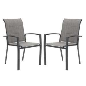 vicllax patio stackable dining chairs set for 2, outdoor padded metal dining chairs lawn chairs for garden yard deck, support 300 lbs, dark grey frame & grey tone fabric