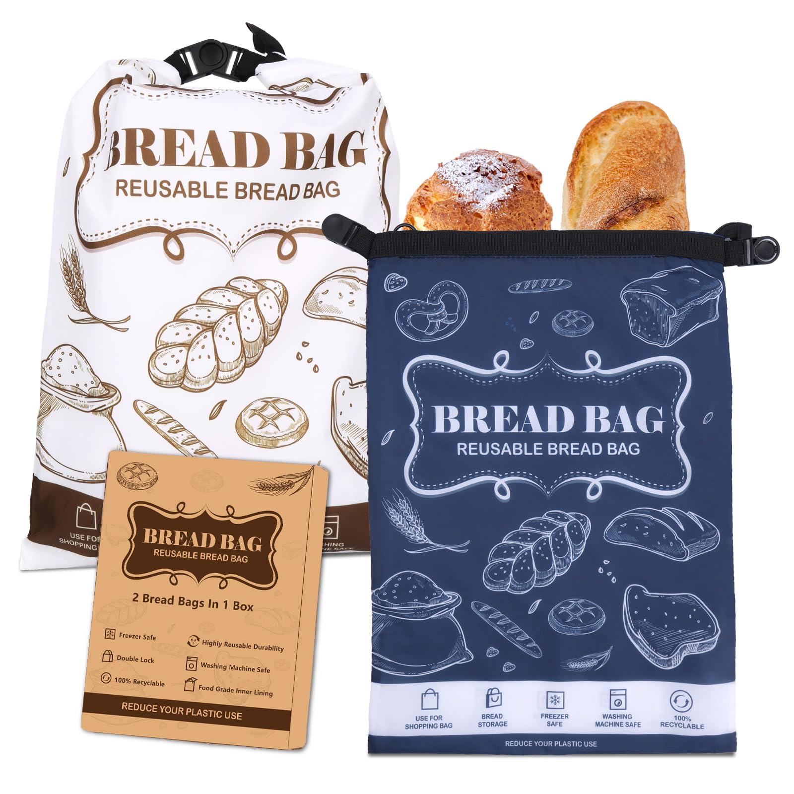 Ciciany Bread Bags, 2 Packs Bread Bags to Keep Fresh, Reusable Zipper for Homemade Loaf, Freezer Storage Bag, Container, Fresh Keeping Extra Large Bags, Food Bag