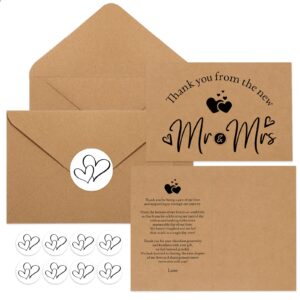 spakon 100 sets wedding thank you cards with envelopes and stickers wedding themed kraft paper thank you card with message inside mr and mrs thank you notes for bridal shower anniversary guests