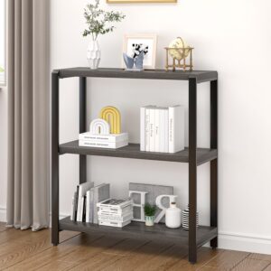 foluban rustic small bookshelf and bookcase, 3 tier low short book shelf, industrial metal and wood book case for bedroom living room, dark gray