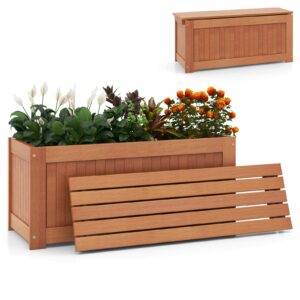 giantex 2-in-1 outdoor bench, wood raised garden bed with open base, teak oil finish, rectangular deep planter boxes for flowers fruit vegetable, bench seat for porch yard balcony lawn