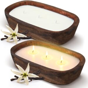 threlaco 2 pack wood dough bowl candle 10 inch christmas candle decorative 3 wick scented candles soy xmas gifts for men women farmhouse table centerpiece home decor(vanilla)