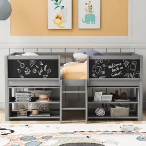 low loft bed with 2 movable storage shelves, twin size bed frame with chalkboard and ladder, wood loft daybed for kids, boys, girls, teens, no spring box required, gray