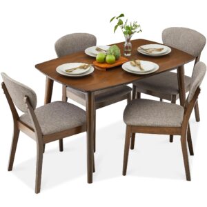 best choice products 5-piece dining set, compact mid-century modern table & chair set for home, apartment w/ 4 chairs, padded seats & backrests, wooden frame - light gray/walnut