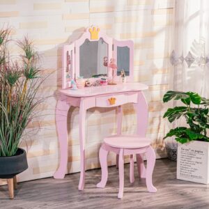 gimmyfive pretend play kids vanity set with mirror and stool,kids wooden play vanity set with vanity table with lights, tri-fold mirror, storage drawer for toddlers