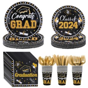 168pcs graduation party decorations dinnerware set - class of 2024 decorations - plates napkins cups knife fork spoon(black-gold)