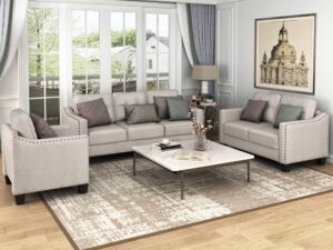 3pieses mid-century modern sofa sets linen fabric tufted back sofa&couch include 3 seaters couch, loveseat and armchair with rivets rivets for home apartment office living room