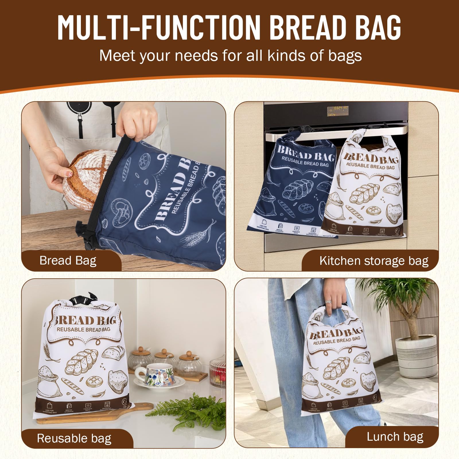 Ciciany Bread Bags, 2 Packs Bread Bags to Keep Fresh, Reusable Zipper for Homemade Loaf, Freezer Storage Bag, Container, Fresh Keeping Extra Large Bags, Food Bag