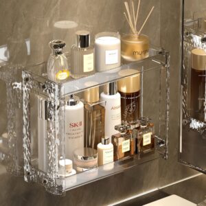 zeochyni adhesive shower caddy shelf, 2 tier floating shelves for bathroom organizer & wall storage home decor, no drilling hang walls adhesive shelf or bathroom counter organizer (clear)