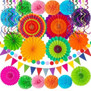 cinco de mayo party decorations fiesta decorations multi-color paper fans garlands pennant pom poms hanging swirls for birthday wedding rainbow mexican party