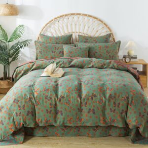 fadfay shabby butterfly duvet cover queen vintage farmhouse green red floral bedding super soft washed double -layer muslin 100% cotton comforter cover with hidden zipper closure 3pcs, queen size