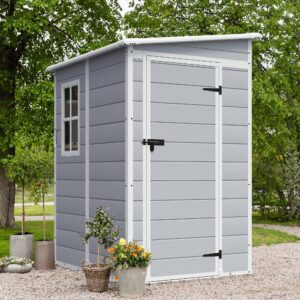 jummico outdoor storage shed, 5 x 4 ft resin shed with floor and lockable door, plastic garden tool outside sheds for patio backyard lawn