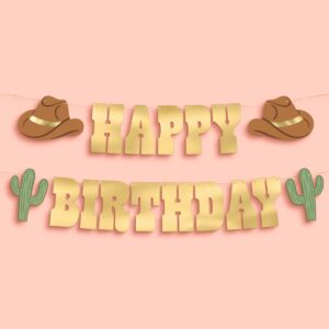 xo, fetti western happy birthday gold foil banner - 5 ft. | cowboy hbd decorations, wild west garland, rodeo supplies, wild one yeehaw bday, cowgirl decor, cactus howdy photobooth backdrop