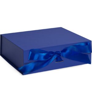 johouse blue gift box,10.5x7.5x3.1 inches gift box for presents with lids, blue magnetic closure collapsible gift box with ribbon card envelope for birthday wedding presents