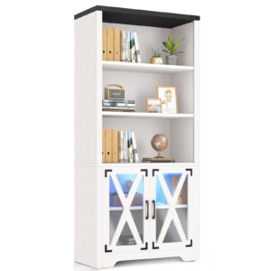 yitahome bookcase with doors&led light, white bookshelf with storage cabinet, wooden farmhouse bookshelves for living room/bedroom/dining room/bathroom