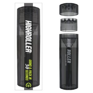 clear highroller herb grinder & cone loader | portable pre roll cone filler | grey