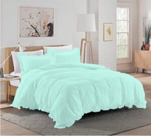 ultra soft 600 series 3 piece aqua blue edge ruffle frilled king duvet cover set (duvet cover + 2 pillowcases) 100% egyptian cotton button closure bedding duvet cover