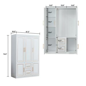 VivaVista White Armoire Wardrobe Closet with 3 Doors Wooden Bedroom Armoires Clothes, Wood Wardrobe Closets Storage Cabinet with Hanging Rod Shelves Drawers Closets