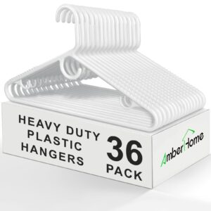 amber home 36 pack super heavy duty plastic hangers, white plastic hangers non-slip for coat jacket and shirt, non-slip pants bar, thick strong plastic clothes hangers with hook for scarves and belts